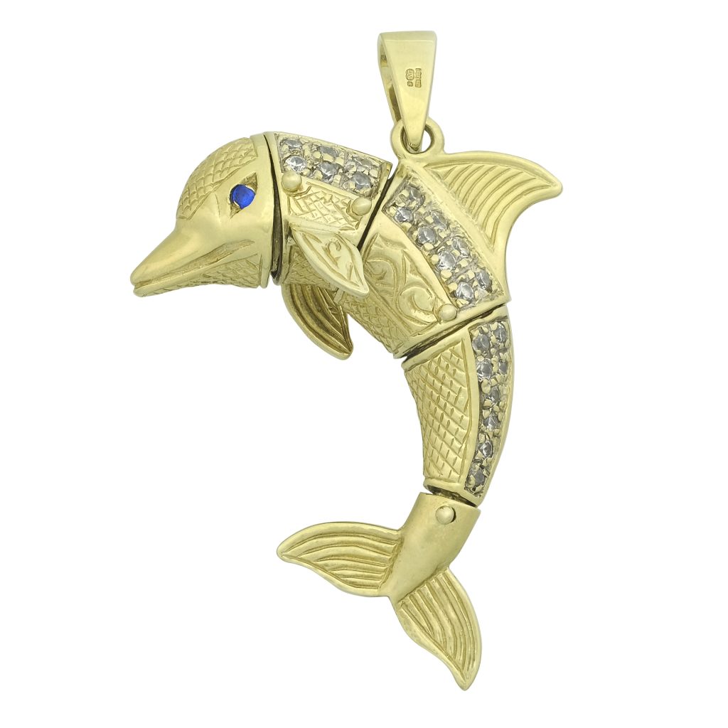 9ct Yellow Gold Gemstone Dolphin Pendant - Britannia Jewellery